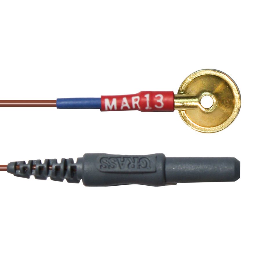Grass Electrode, Light-weight Teflon, Gold Cup, 10 mm disc, 2 mm hole, 72"